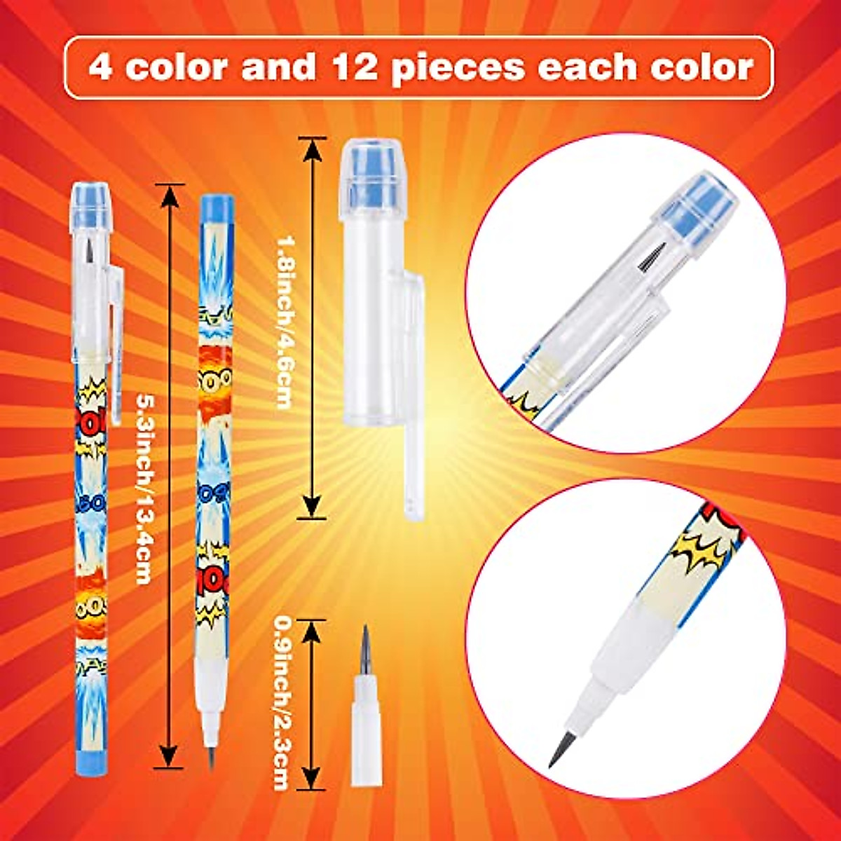 48 Pcs Superhero Text Pencils Translucent Pencil Multipoint Pencil Multicolor Non- Sharpening Stackable Pencils Pop Up Plastic Pencils Pow! Snap! Wham! Bang! Pencil Stationery Pencil，4 style