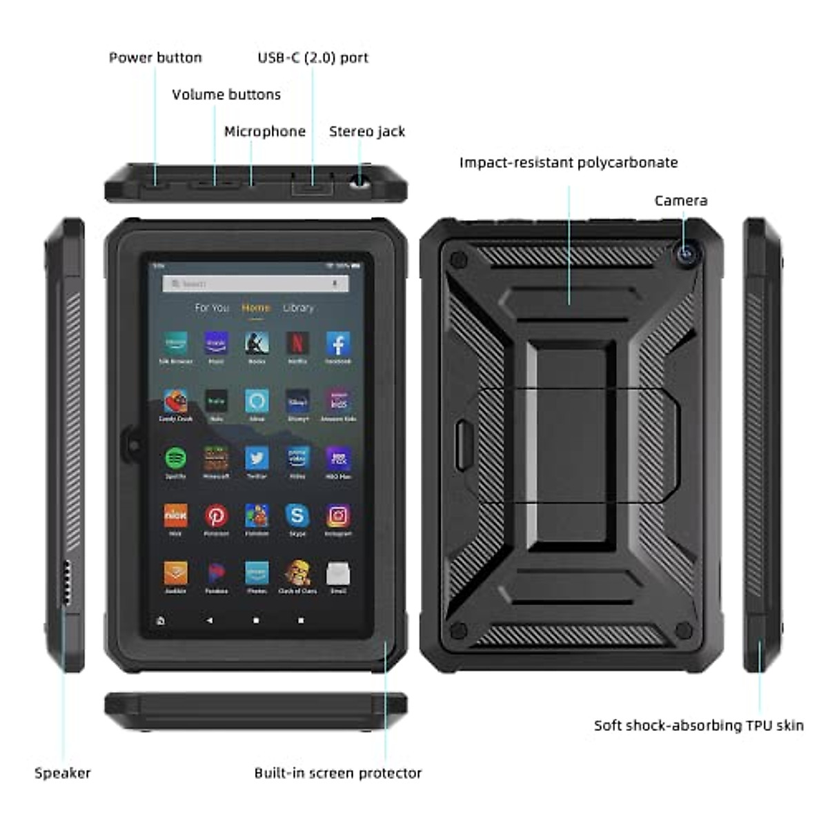 All-New Kindle Fire 7 Tablet Case (12th Gen, 2022 Release) - DJ&RPPQ Lightweight Armor Series Full Body Rugged Hands-Free Viewing Stand with Screen Protector for Amazon Fire 7 Kids Tablet - Black
