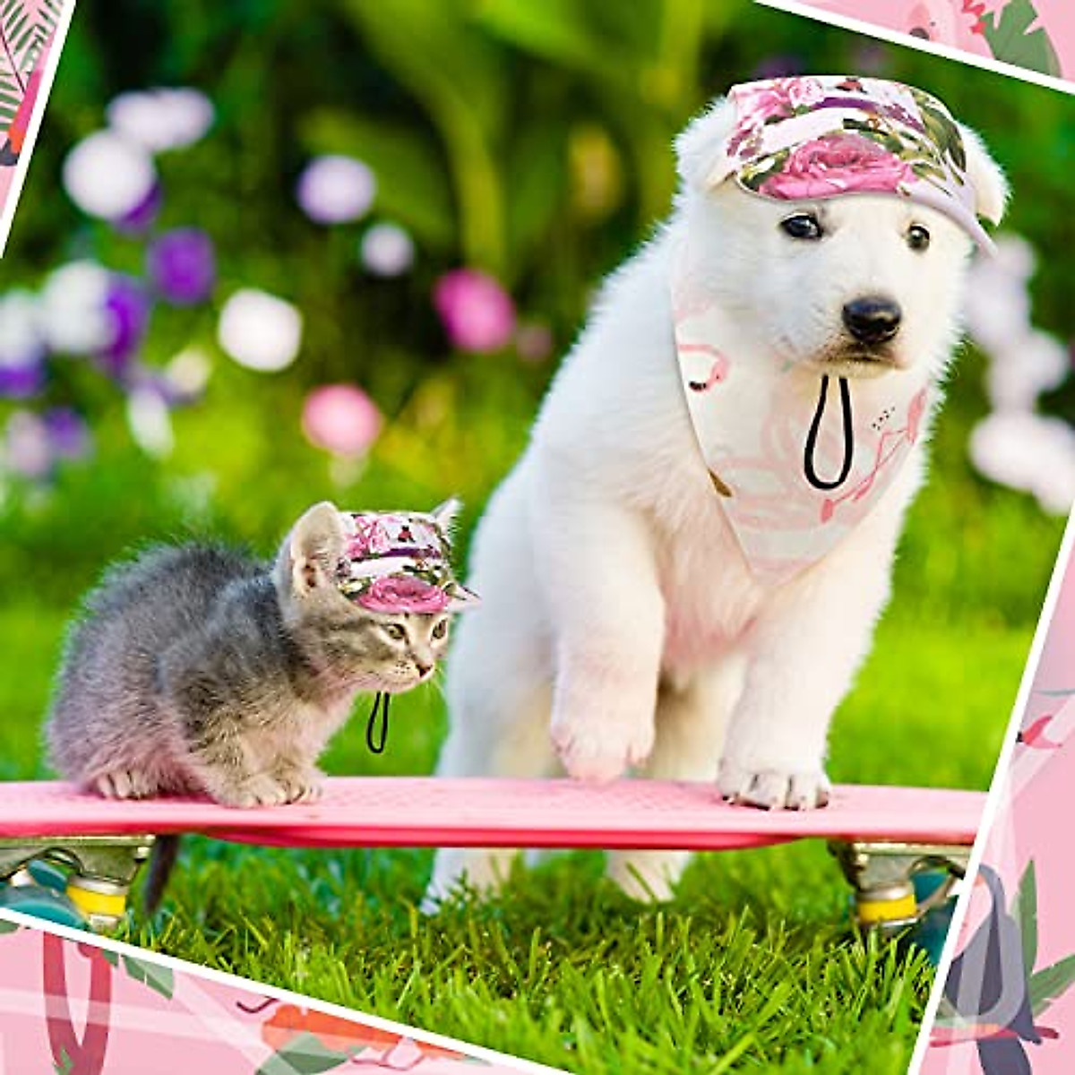 3 Pieces Dog Baseball Cap Bandanas Set, Included 1 Adjustable Dog Sun Protection Hat with Ear Holes and 2 Pink Doggie Summer Cat Bandana Puppy Summer Costume Supplies for Small Dogs Puppies Pet, Small