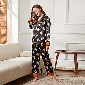Belle Heure Women’s Silk Satin Classic Long Sleeve Pajamas Button Down Silky Floral Animals Pattern Set Loungewear Sleepwear