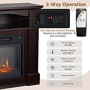 COSTWAY 32-inch Electric Fireplace with Mantel, 1400W Adjustable Freestanding Heater with Remote Control, Thermostat Design, 6H Timer, 3D Flame Brightness, Mantel Fireplace for Living Room, Brown
