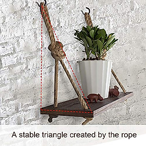 Yankario Rope Hanging Floating Shelves, Rustic Wood Wall Decor Swing Shelf with 4 Hooks, Pack of 2