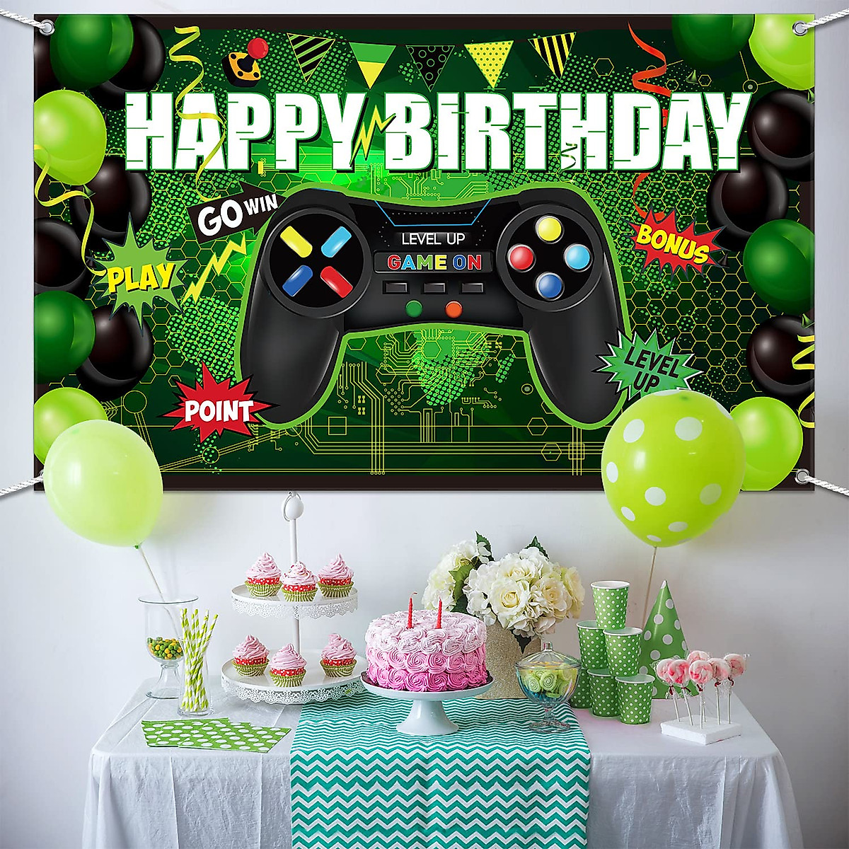 Video Game Happy Birthday Backdrop Game on Birthday Party Backdrop Banner Level up Gaming Theme Party Background Photo Props for Video Game Party Wall Decorations Supplies (Green)