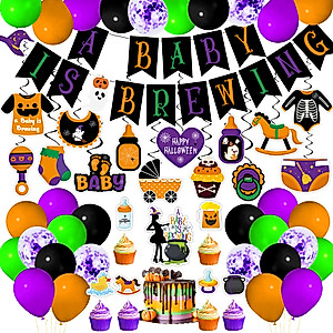 Funnlot A Baby Is Brewing Baby Shower Decorations 47pcs Baby Shower Halloween Decorations with Baby Is Brewing Balloons Banner Halloween Baby Shower Decorations for Halloween Party Supplies Favors