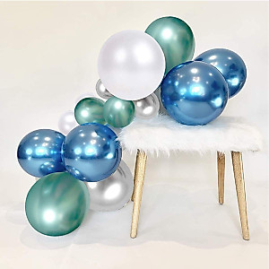 Blue and silver Metallic Chrome Latex Balloons, 50pcs 12 Inch Green Metallic Balloons White Latex Party Balloons for Bridal Shower Wedding Birthday Graduation Valentine’s Day Party Decoration
