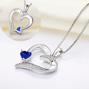 YL Heart Necklace 925 Sterling Silver Love Heart Pendant with 5MMx5MM Heart Blue Sapphire Jewelry for Women Girlfriend