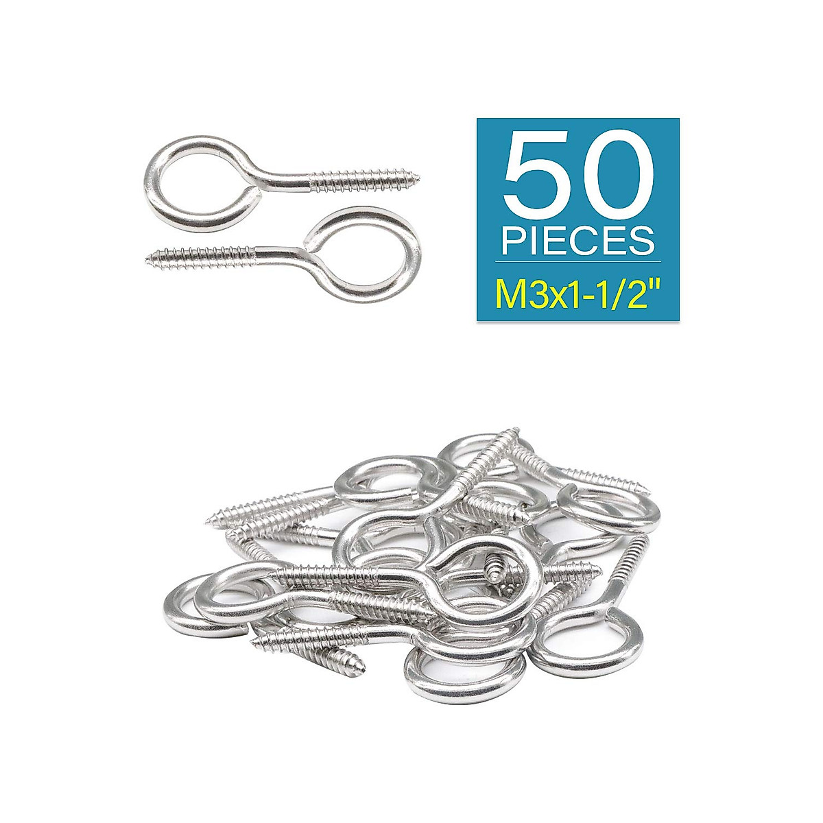 M3 x 1-1/2" Screw Eyes (50pcs) Small Eyelet Screws Lag Eyebolt 18-8 Stainless Steel 304 Heavy Duty Hook by IMScrews