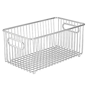 mDesign Metal Farmhouse Kitchen Pantry Food Storage Organizer Basket Bin - Wire Grid Design - for Cabinets, Cupboards, Shelves, Countertops - Holds Potatoes, Onions, Fruit, Extra Large - Chrome