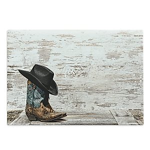Ambesonne Western Cutting Board, Traditional Rodeo Cowboy Hat and Cowgirl Boots Retro Grunge Background Art Photo, Decorative Tempered Glass Cutting and Serving Board, Large Size, Brown Black
