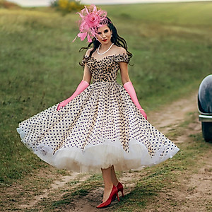 Yaomiao 5 Pcs 1920s Fascinators Feather Headband Pearl Jewelry Gloves for Women Tea Party Halloween Church Derby(Pink)