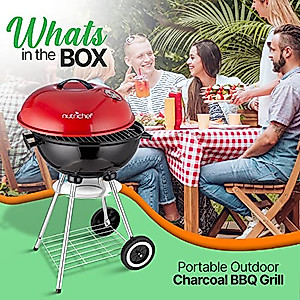 Portable Outdoor Charcoal BBQ Grill, Stainless Steel Charcoal Grill Offset Smoker with Ash Catcher and Red Cover, Multi-functional ideal for Bake. Braise, Smoke, Roast, and Grill