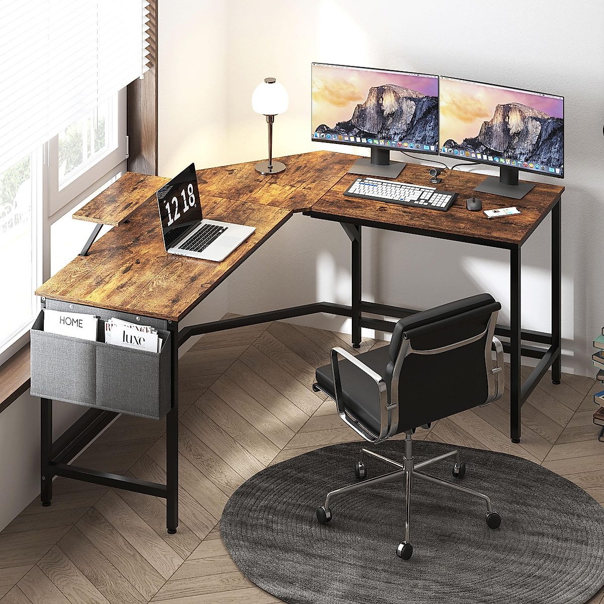 DlandHome Reversible L-Shaped Desk Large Corner Desk Folding Table Computer Desk Home Office Table Computer Workstation, Retro