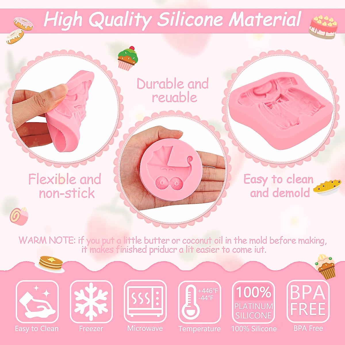 Baby Showers Fondant Molds 4 Pcs, Bottle Stroller Skirt Chocolate Cake Decoration Silicone Mold for DIY Candy Sugar Craft, Cookies, Marzipan, Flower Paste, Dough, Resin, Clay