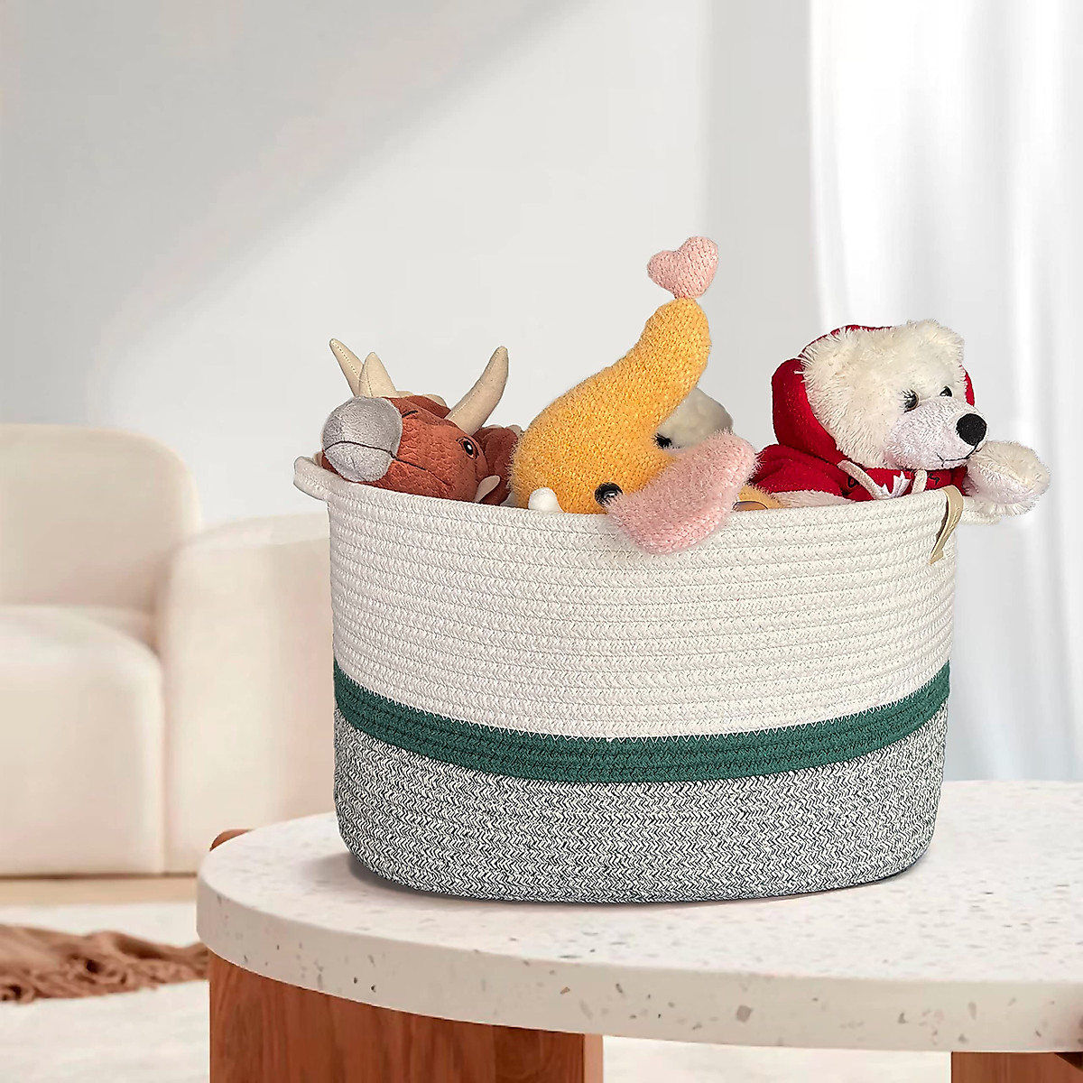 ART pinecone cotton rope basket, Oval woven nursery storage basket, Cute Dog Toy Basket Baby Nursery Hamper Shelf Decorative Bin,15"L x 10"W x 9"H (1-pack, 3 tones Navy blue & white)