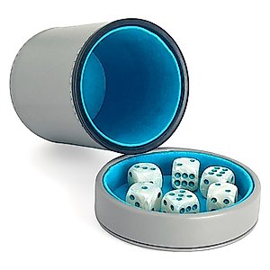 Luck Lab Grey Leather Dice Cup with Lid Including 6 Matching Pearl Dice - Teal Velvet Interior for Quiet Shaking - Use for Liars Dice Farkle Yahtzee Board Games, Grey