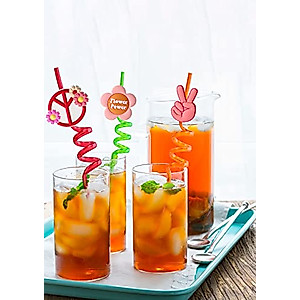 60's Hippie Boho Party Favors Two Groovy Straws Reusable Plastic Drinking Straws 8 Designs 24pcs, Boho Rainbow Birthday Party Favor Kids with 2 Cleaning Brush