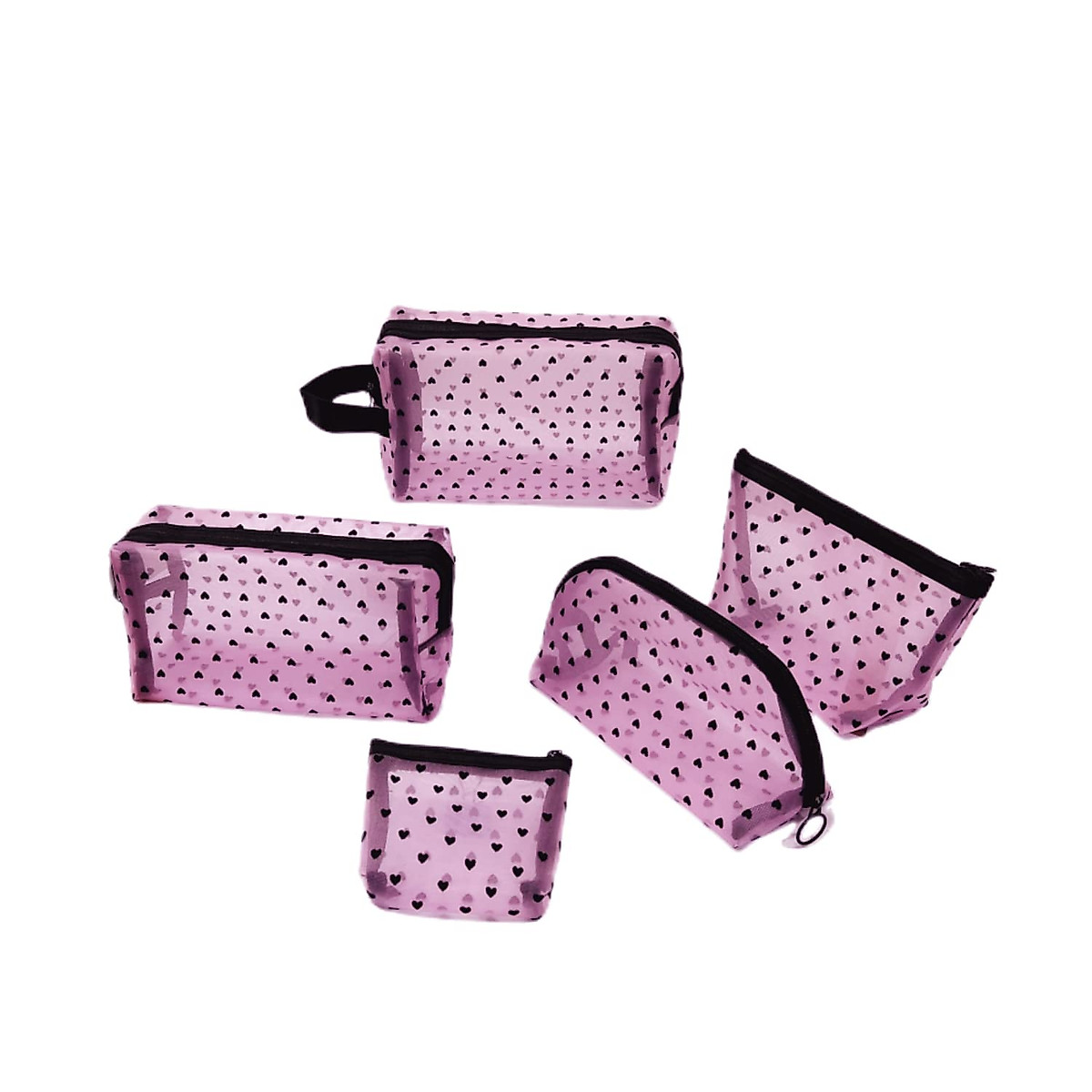 KKBGN 5 Pieces Heart Mesh Makeup Bags Set, Portable Travel Toiletry Bag Travel Makeup Organizer Bag Cosmetic Bags for Women Girls, Small Items Storage Organizer for Home Office Travel (Pink)