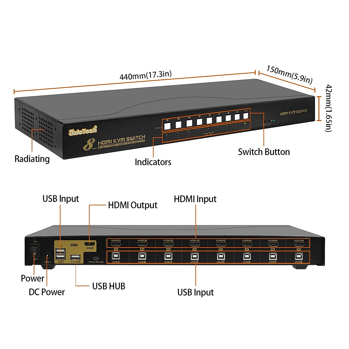 JideTech HDMI USB KVM Switch 8 Port Up to 4K@30Hz Resolution with USB 2.0 Hub Support Hotkey Mouse Switching for Linux, Windows, Mac, Unix