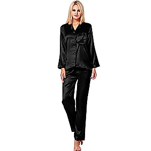 SWOMOG Women‘s Silk Satin Pajamas Set Long Sleeve Sleepwear Button Down Pjs Loungewear with Pocket Black