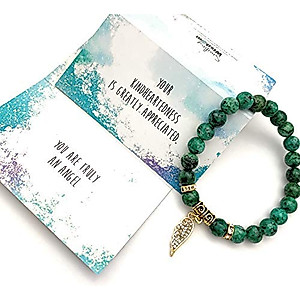 Smiling Wisdom - Angel Wing Appreciation Kindhearted Thank You Keepsake Greeting Card and Stretch Stone Bracelet - Green Rain Flower Stones - 7.5 inches Medium