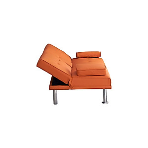 Faux Leather Convertible Folding Futon Sofa Bed with 2 Cup Holders, Sleeper Couch Bed with Removable Armrests, Metal Legs, Upholstered Loveseat for Living Room, Apartment, Dorm, Office (Orange)