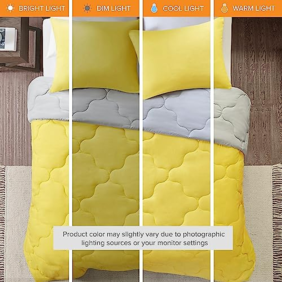 Comfort Spaces Vixie Reversible Comforter Set - Trendy Casual Geometric Quilted Cover, All Season Down Alternative Cozy Bedding, Matching Sham, Grey/Yellow, Twin/Twin XL 2 piece