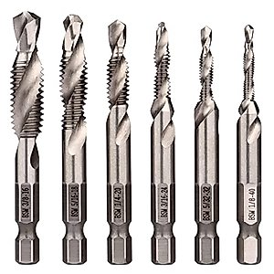 Wolfride 6Pcs 1/4-Inch Hex Shank Combination Drill and Tap Bit Set Metal Deburr Countersink Drill Bit 1/8 inch-3/8 inch