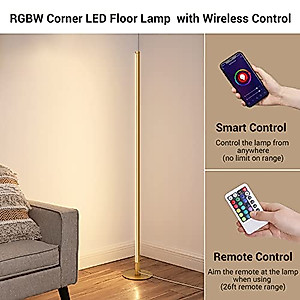 EDISHINE Modern LED Corner Floor Lamp with Smart App & Remote Control, Minimalist Dimmable Light Compatible with Alexa, Google Home, 57.5" Tall Lamp for Living Room, Bedroom (Gold)