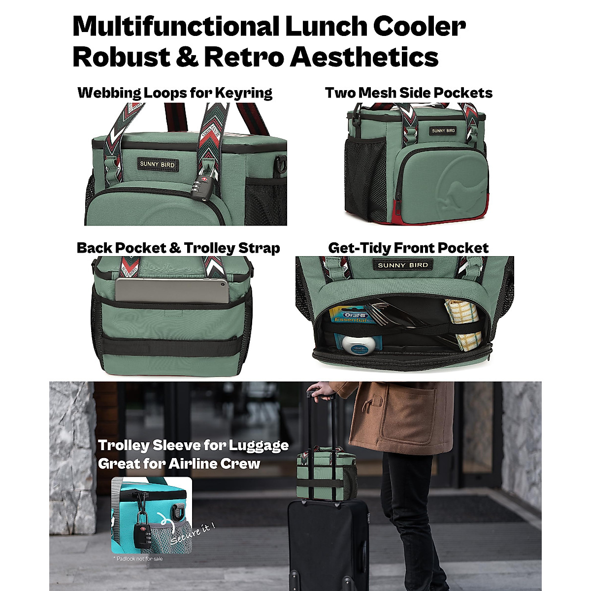 SUNNY BIRD 12L Large Insulated Lunch Bag, Foldable Lunch Cooler Box for Women Adult and Men, Fits 18 Cans (Green with boho strap)