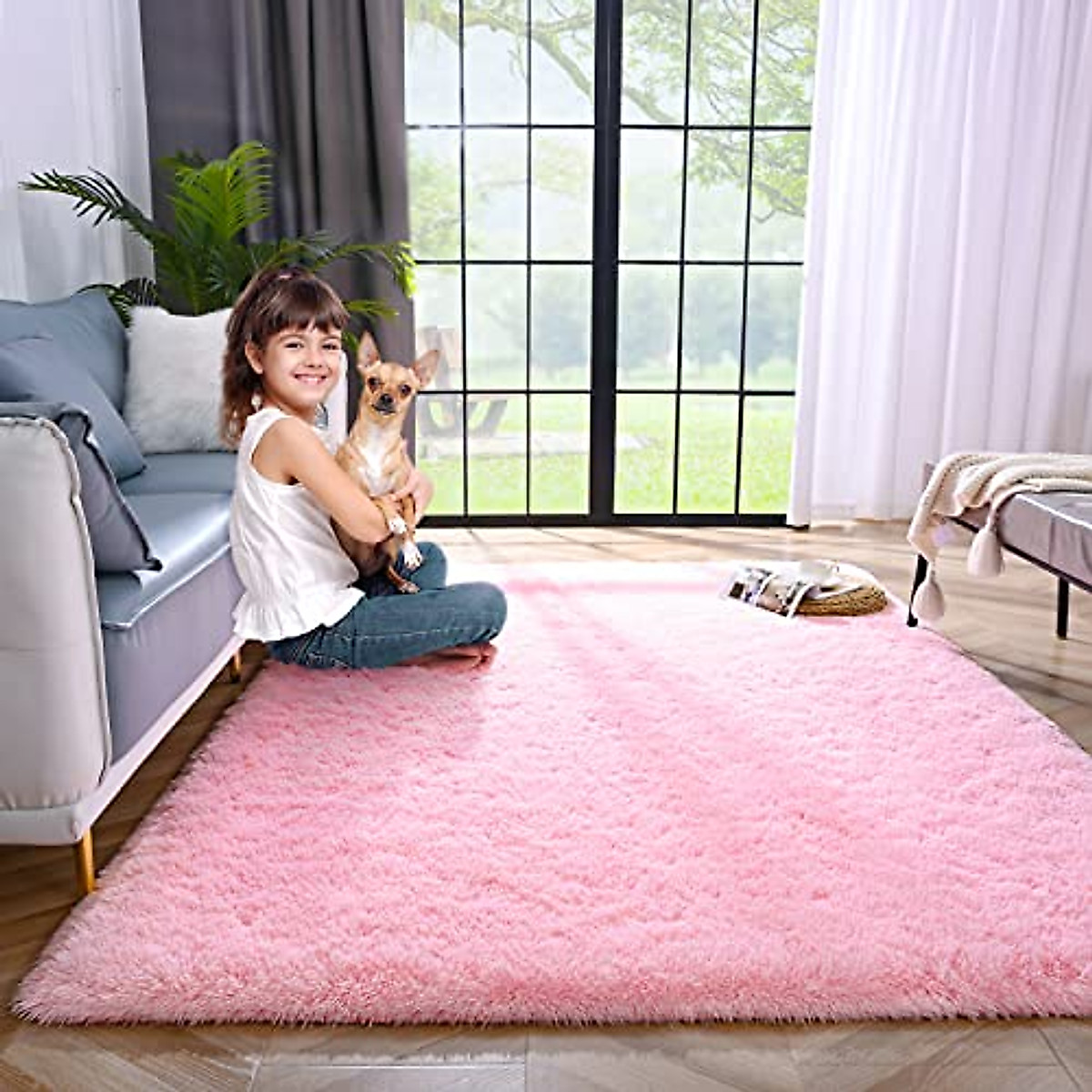 Lascpt Area Rugs for Living Room, Super Soft Fluffy Fuzzy Rug for Bedroom, Pink Furry Shag Rug 4x5.9, Plush Carpet Home Decor for Girls Kids Dorm Room, Accent Indoor Non-Slip Cute Baby Nursery Rug
