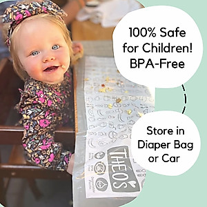 THEO'S 50 Pack Stick on Disposable Table Mats for Kids & Baby Led Weaning | Large 12" x 18" Restaurant Placemats in Re-usable Travel Pouch