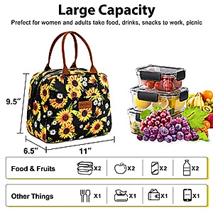 Idle Hippo Lunch Bags for Women Insulated Lunch Box Cooler Tote Bag with Front Pocket Reusable Lunch Bag for Men Adults Girls Work Hiking Picnic - Sunflower