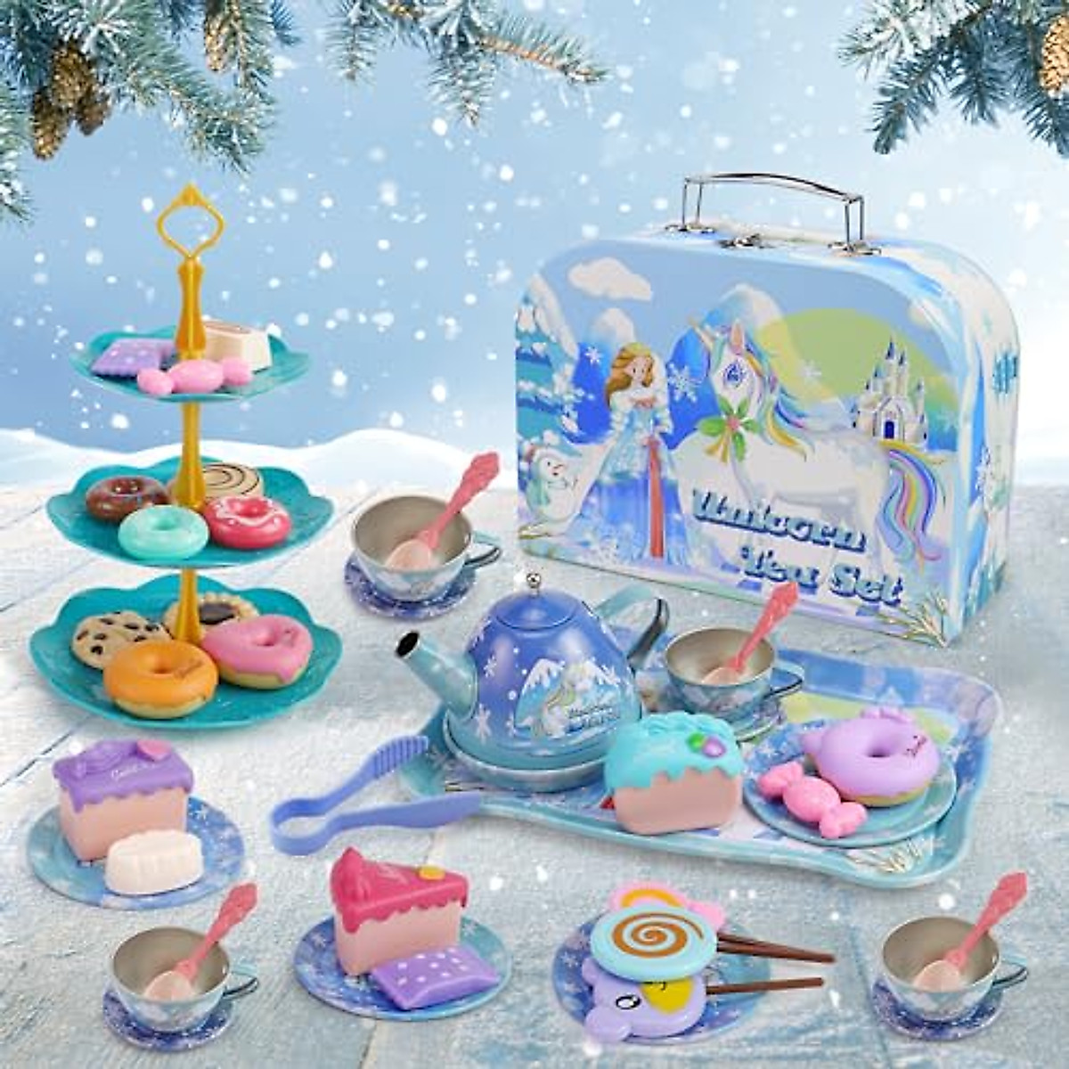 Toddler Toys Tea Set for Little Girls - 48 Pcs Tin Tea Set for Kids Includes Teapot, Tea Cup, Saucers Set Snack Plates & Desserts , Unicorn Princess Tea Party Set with Carrying Case