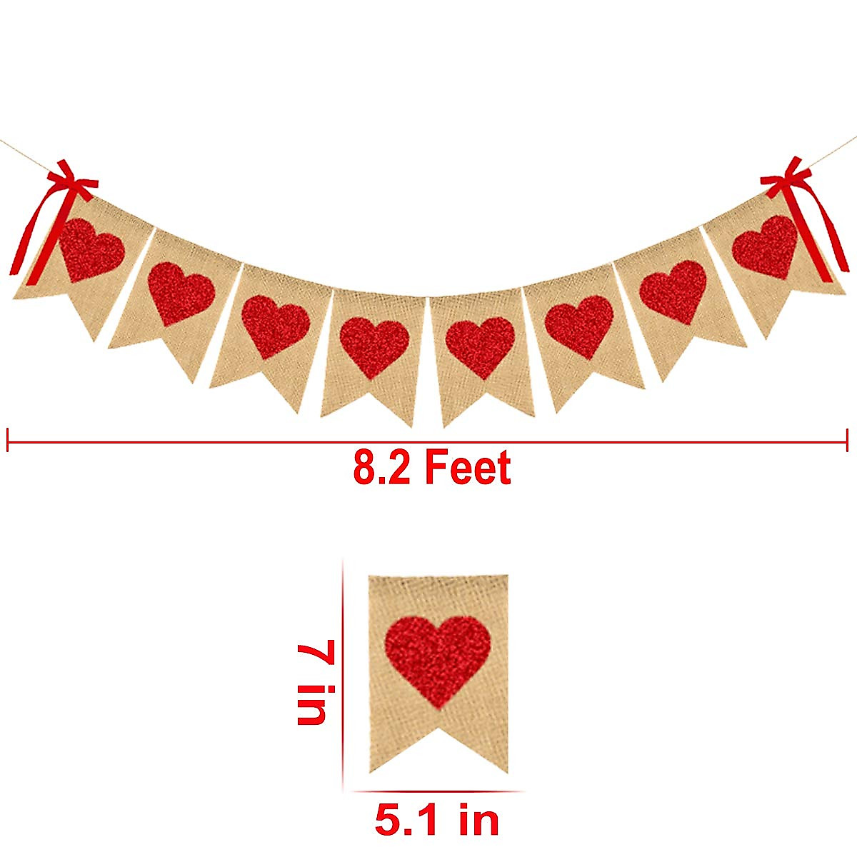 Burlap Heart Banner Garland Valentines Day Decoration Red Glittery Heart Banner with Bow Valentines Banner for Wedding Anniversary Baby Shower Bridal Shower Birthday Party Decorations Supplies