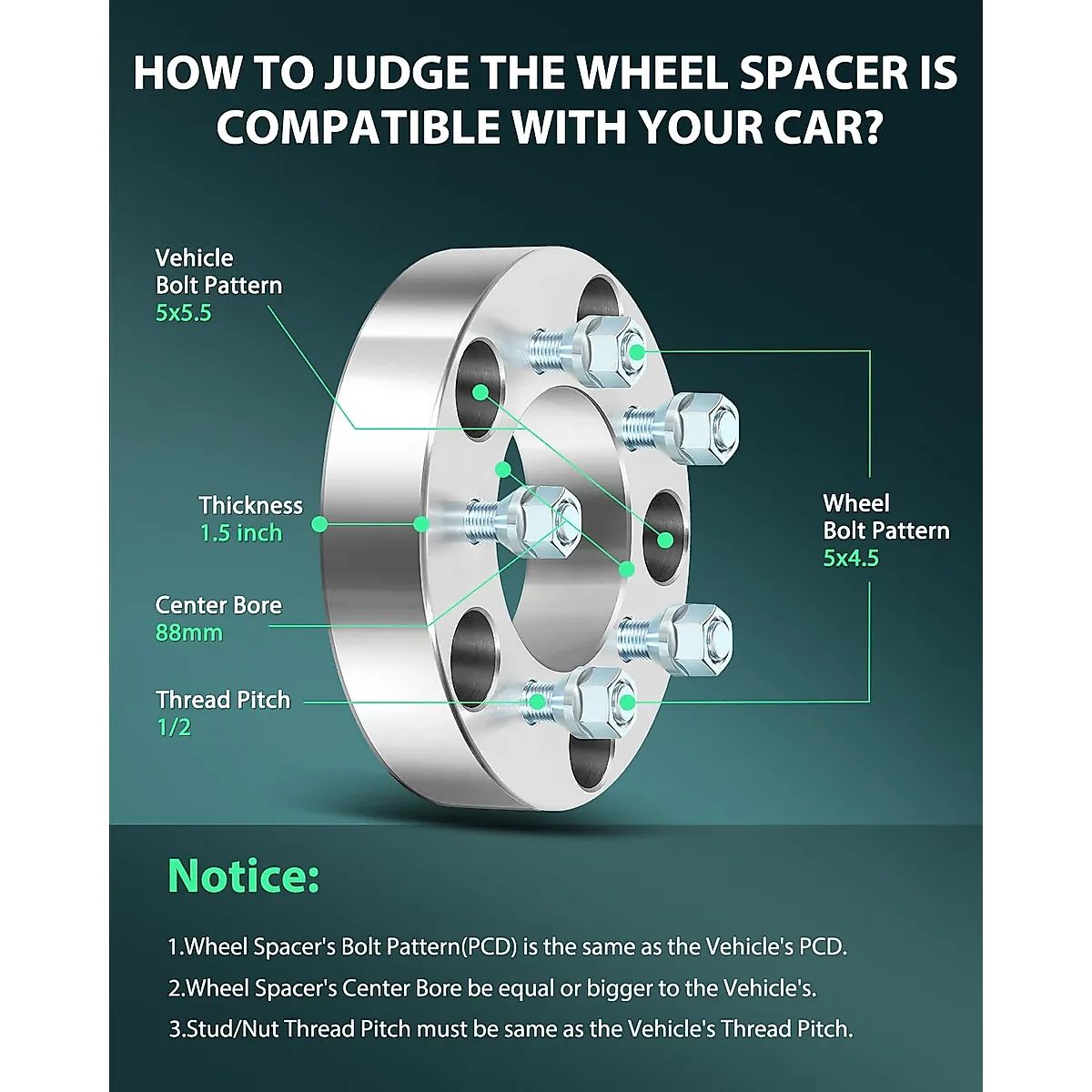 SCITOO 4X 1.5 inch 5 Lug Wheel Spacers Adapters 5x5.5 to 5x4.5 5x139.7mm to 5x114.3mm Compatible with F100 E100 Econoline Wheel Spacers for Ramcharger Wheel Spacers with 1/2 Studs