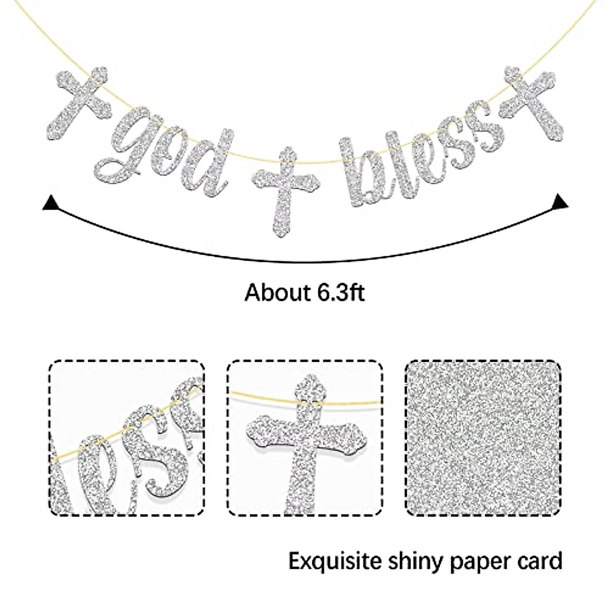 MonMon & Craft God Bless Banner / Baby Shower Party Decor / Baby Shower / First Communion / Baptisim Christening Party Decorations Silver Glitter