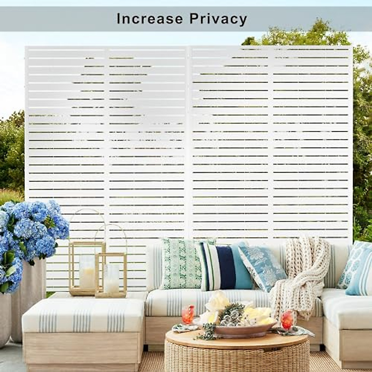 Elevens Free Decorative Privacy Screen with Stand, Outdoor Decor Privacy Fence Screen Metal Fence Panels, Outdoor Divider for Garden Patio Backyard (White-Stripes)