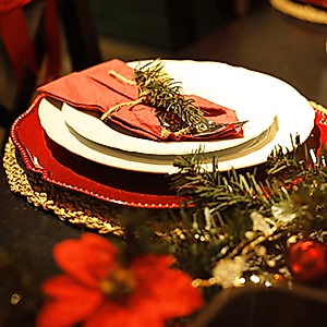 Umisriro Hot Red scalloped charger plates with beaded rim,13 inch plastic dinner chargers for wedding and party table settings, Glossy Finish (set of 6)