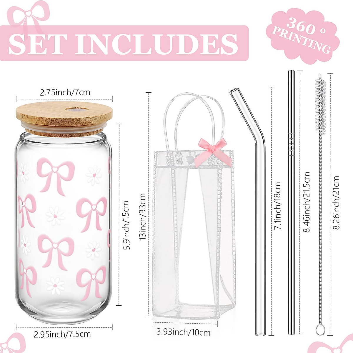 Coquette Bow Aesthetic Cup with Clear Gift Bag, Glass Cups with Lids and Straws, 16 oz Iced Coffee Smoothie, Beer Glass Cup Tumbler Trendy Glass Cup for Girls Bestfriend Sister Girlfriend (Pink Bow)