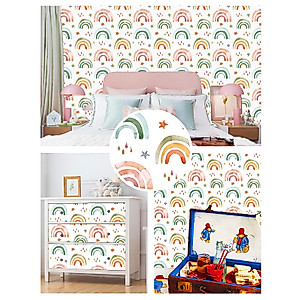 HAOKHOME Peel and Stick Rainbow Wallpaper Cute Raindrop Stars White/Orange/Green Removable for Nursery Kids Bedroom Decor 17.7in x 118in