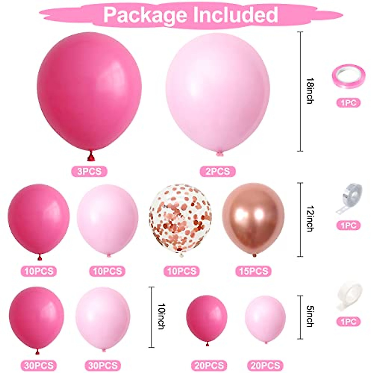 150PCS Pink Balloons Garland Arch Kit, 18 12 10 5 inch Hot Pink Metallic Rose Gold and Confetti Balloons Garland, Barbie Balloons Arch for Princess Birthday Party Wedding Baby Bridal Shower Engagement