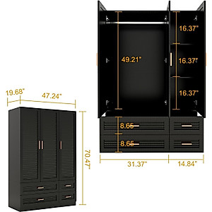 Keloyid Tall Armoire Wardrobe Closet with 4 Drawers, 3-Tier Shelves & Hanging Rod, 3 Louver Doors Wooden Closet Storage Cabinet for Bedroom, Black