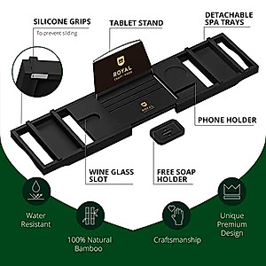 ROYAL CRAFT WOOD Luxury Bathtub Caddy Tray, 1 or 2 Person Bath and Bed Tub Table with Extending Sides, Adjustable Organizer Tray for Bathroom - Free Soap Dish (Black)