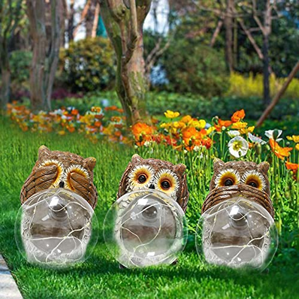 ANGMLN Owl Solar Lights Garden Outdoor, 3 Pack Solar Figurines Lights Decor Growing Orb Waterproof Cute Garden Statues for Patio Yard Lawn Clearance Ornaments