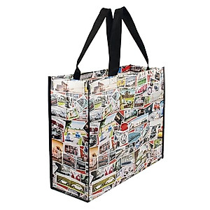 BRISA VW Collection - Volkswagen Reusable Shopping Grocery Bag with T1 Bus Motif (Stamps/Multicolor)