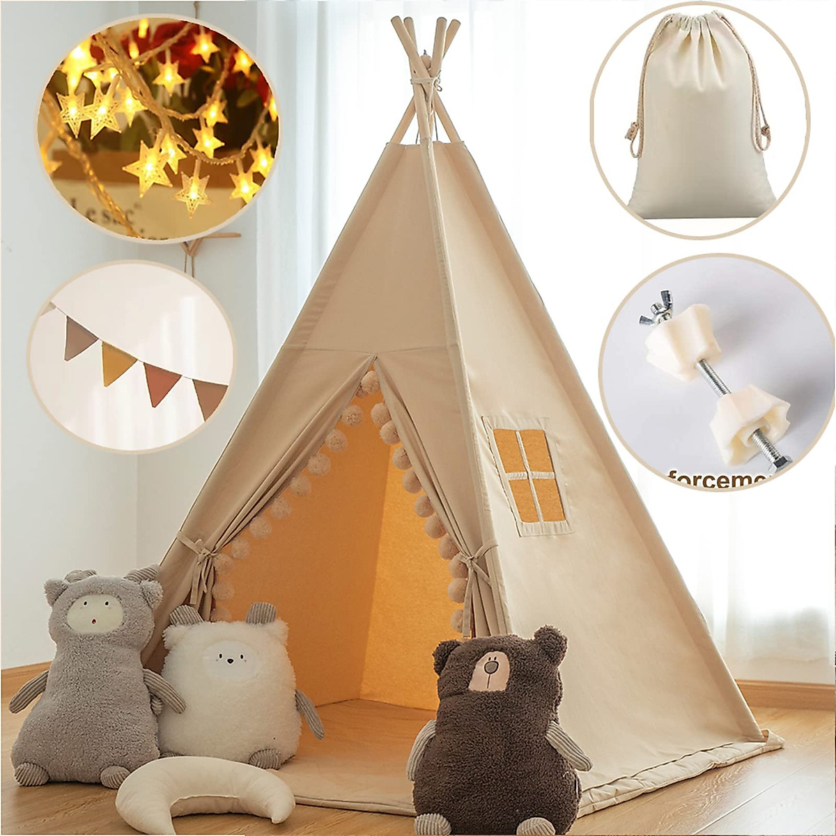 RONGFA Kids-Teepee-Tent with Lights &Large Pompoms & Carry Bag, Machine Washable Teepee Tent for Kids Indoor Tent, Foldable Toddler Tent for Kids -Toddler Teepee Tent for Girls & Boys（Without Mat）