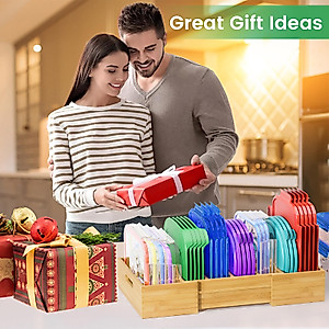 Kiasthome Expandable Bamboo Lid Organizers Inside Cabinet, Kitchen Cabinet Organizers with 3 Adjustable Dividers, Storage Plastic Lids, Food Container Lid Holder Organizer for Drawer Pantry, Nature