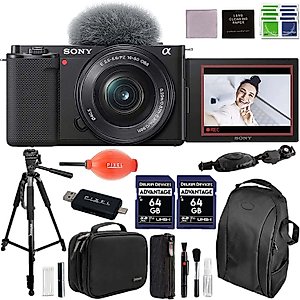 Sony Alpha ZV-E10 Mirrorless Vlog Camera with 16-50mm Lens Bundle Handy Case, 2X 64GB SDXC Card, Water Resistant Backpack, Tripod, Hand Strap, Card Reader + More Black