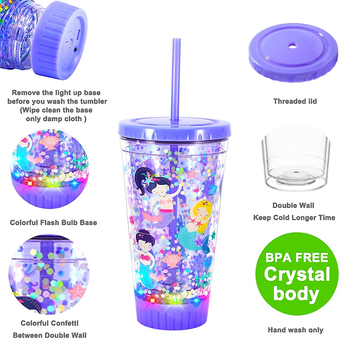 GILANO 18oz Kids Tumbler Water Drinking Bottle with LED Light Up - BPA Free, Straw Lid Cup, Reusable, Lightweight, Spill-Proof Water Bottle with Cute Design for Girls & Boys (Mermaid)