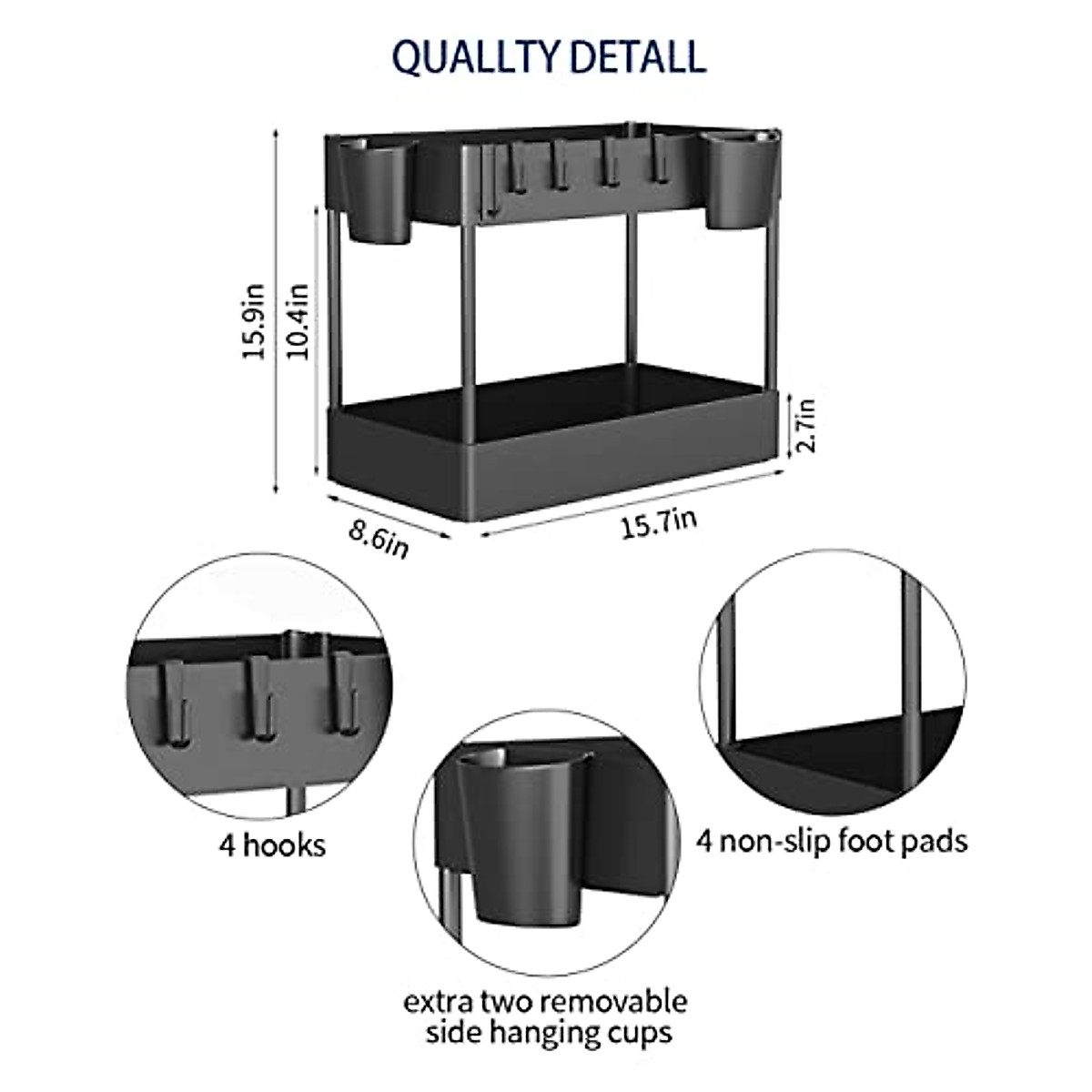 Axbima 2 Tier Under Sink Organizer, Under Bathroom Sink Storage, Under Kitchen Sink Shelf Rack with 2 Hanging Cups & Hooks for Cabinet Countertop Bathroom Laundry Garages (Black)
